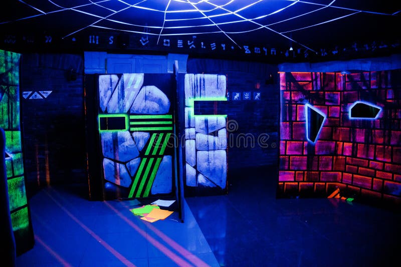 Labyrinth in Neon Light. Laser Tag, Paintball in the Maze Stock Image ...