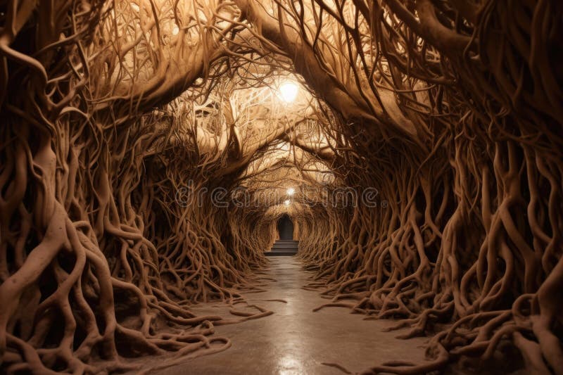 A Labyrinth Tunnel with Roots Penetrating the Ceiling and Walls Stock ...
