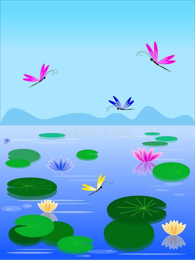 Lac Vector Avec Des Lis Et Des Libellules Illustration de Vecteur ...
