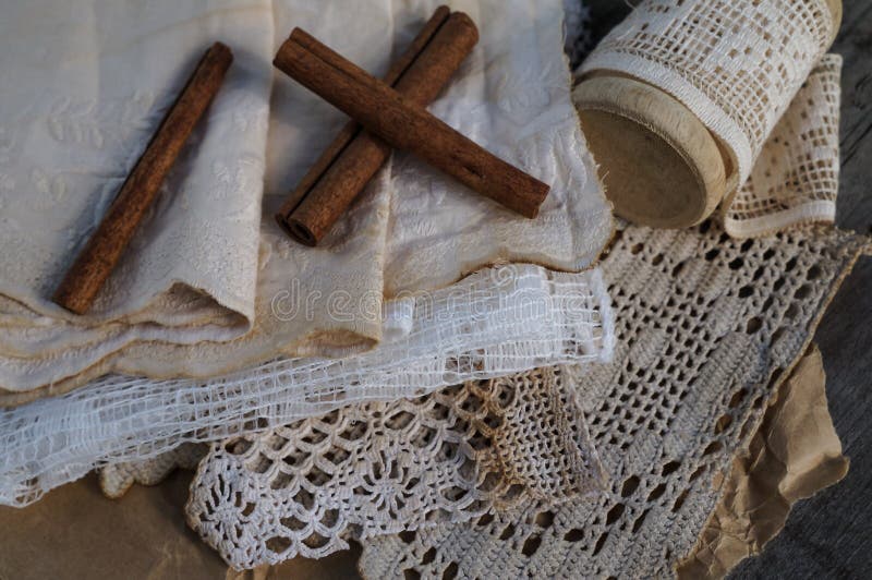 Lace of Handwork and Stick of Cinnamon Stock Photo - Image of coffee ...