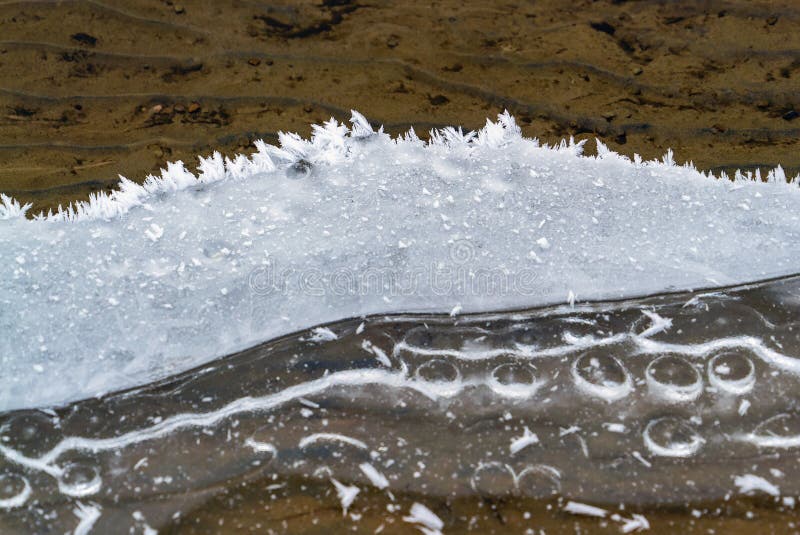 Lace Patterns of the Frozen Water Edge on the Pond. Stock Image - Image ...