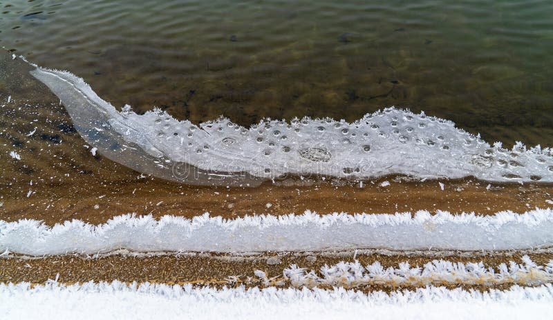 Lace Patterns of the Frozen Water Edge on the Pond. Stock Image - Image ...