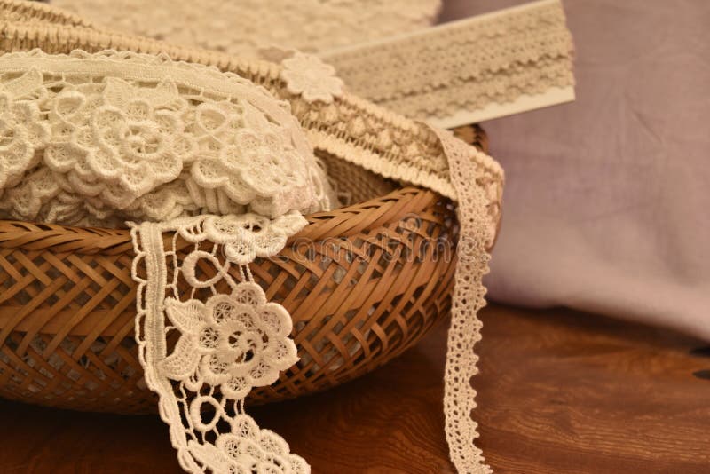 Lace Tape in a Wicker Basket on the Table. Stock Image - Image of hand ...