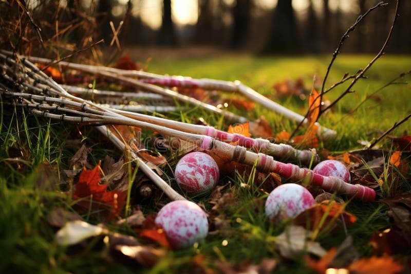 Lacrosse Balls and Sticks on a Grass Field, Pre-game Stock Photo ...