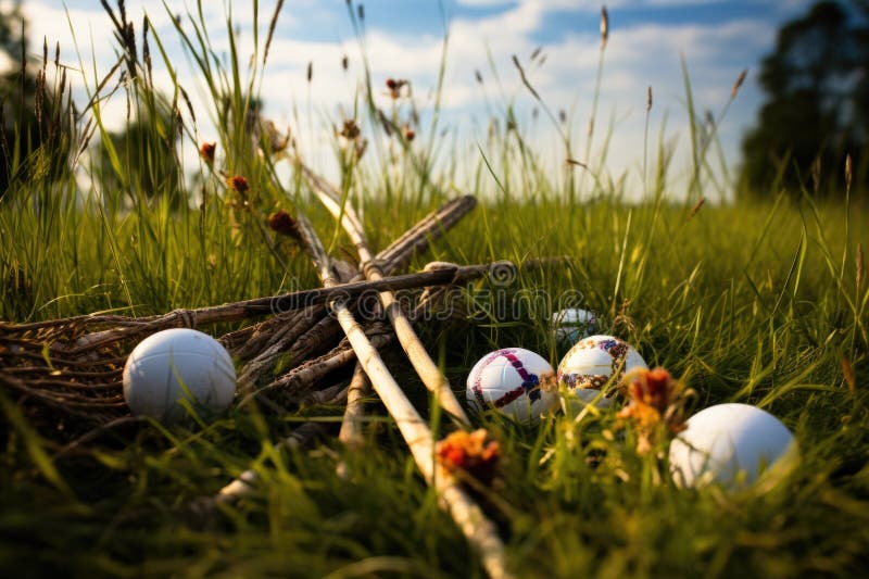 Lacrosse Balls and Sticks on a Grass Field, Pre-game Stock Image ...