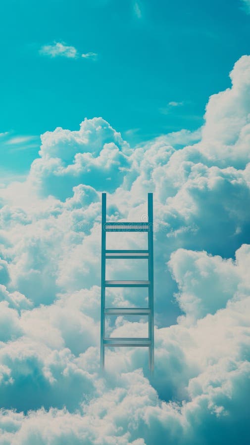 Ladder Ascending into the Clouds Under a Bright Blue Sky, Surreal ...