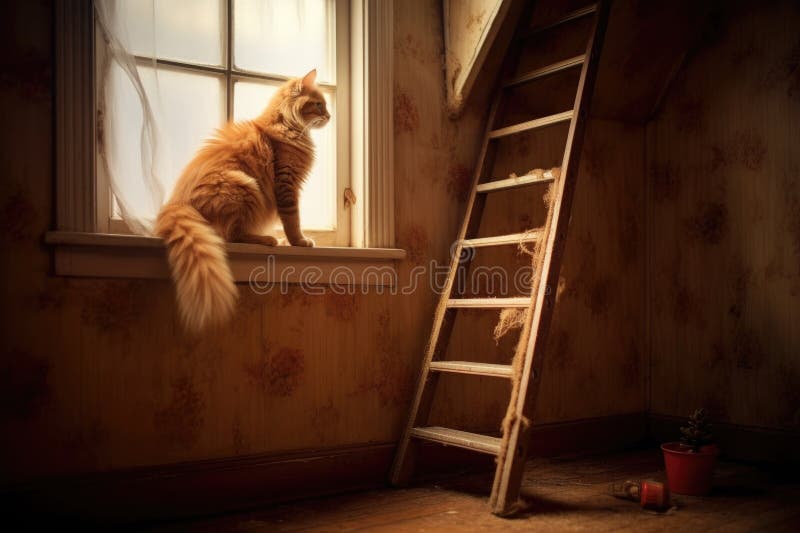 Ladder Ascending To Attic with Curious Cat Peeking Inside Stock ...
