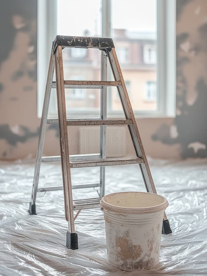 Ladder and Bucket in a Room Under Renovation with Plastic Sheet ...