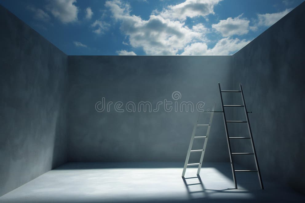 Ladder in Empty Room with Blue Sky and Clouds, Stock Illustration ...