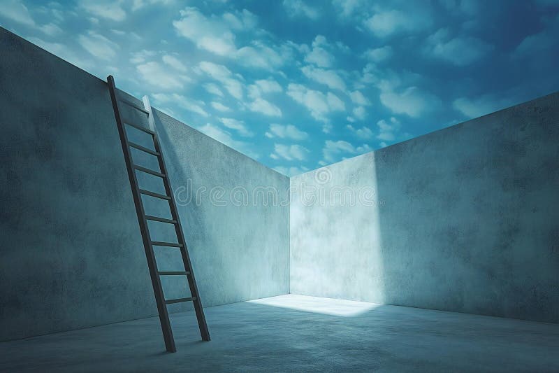 Ladder in Empty Room with Blue Sky and Clouds, Stock Illustration ...