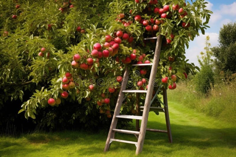 Ladder Leaning Against Apple Tree, Ready for Picking Stock Image ...