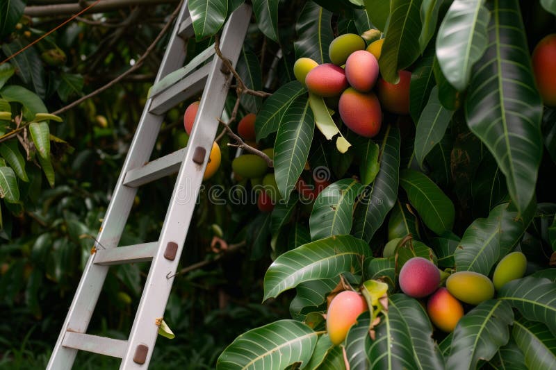 Ladder Leaning Against a Mango Tree, Person Reaching for Fruit Stock ...