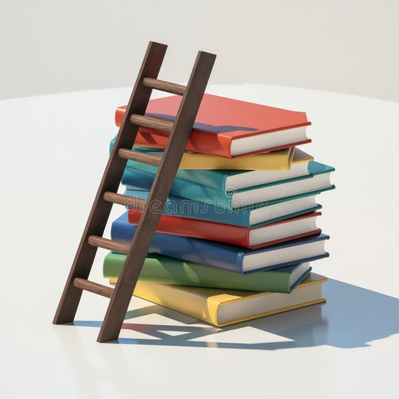 Ladder Leaning Against Stacked Colorful Books Stock Image - Image of ...