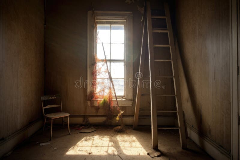 Ladder Leaning on Attic Door with Sun Rays Peeking through Stock ...