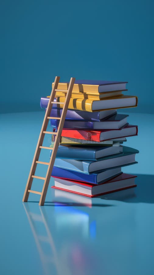 Ladder Leaning on Stack of Books Against Blue Background for ...