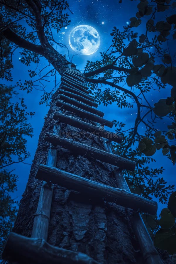 A Ladder in the Middle of a Tree with a Full Moon in the Background ...