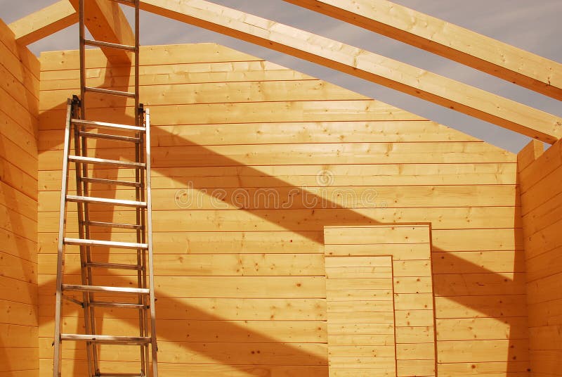 Ladder in Partially Constructed Wooden House Stock Photo - Image of ...
