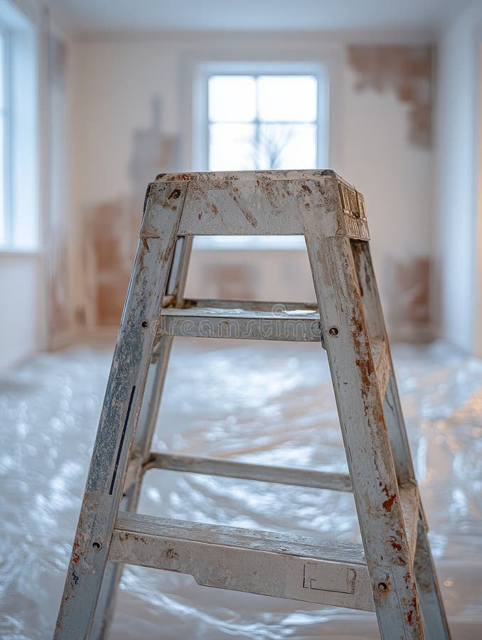 Ladder in a Partially Renovated Room with Window and Plastic Cover ...