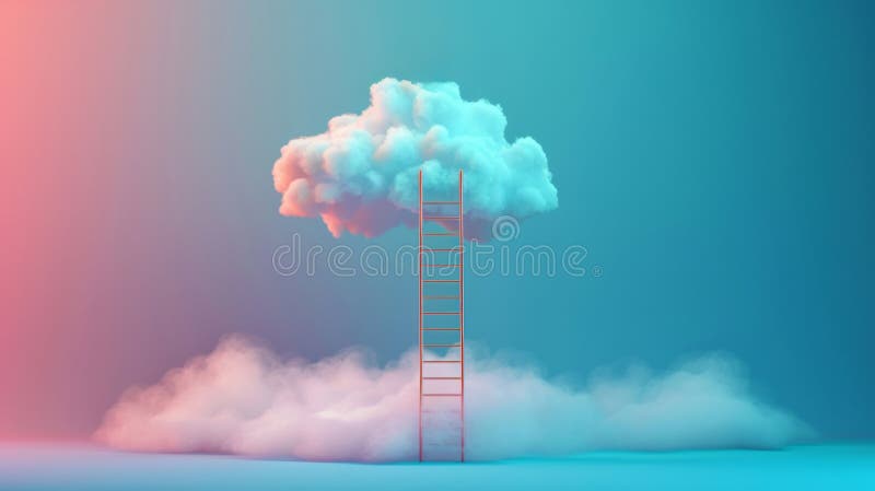 Ladder Reaching a Floating Cloud on a Blue Gradient Background Stock ...