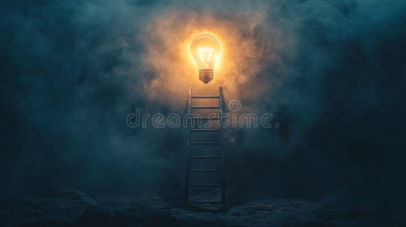 Ladder Reaching Glowing Light Bulb in Dark Cloudy Environment ...