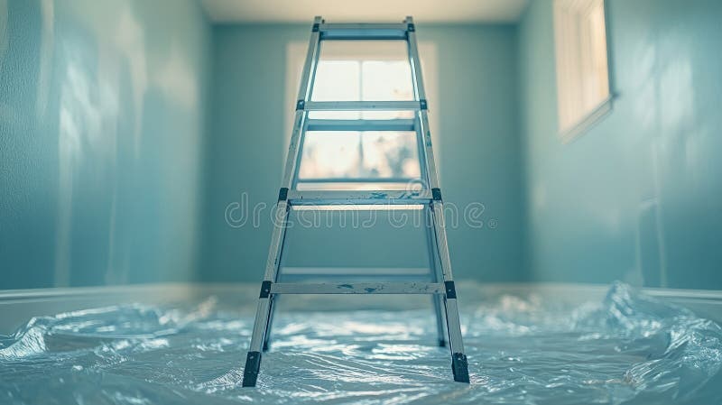 Ladder in a Room with Plastic Cover, Ready for Renovation. Stock Image ...