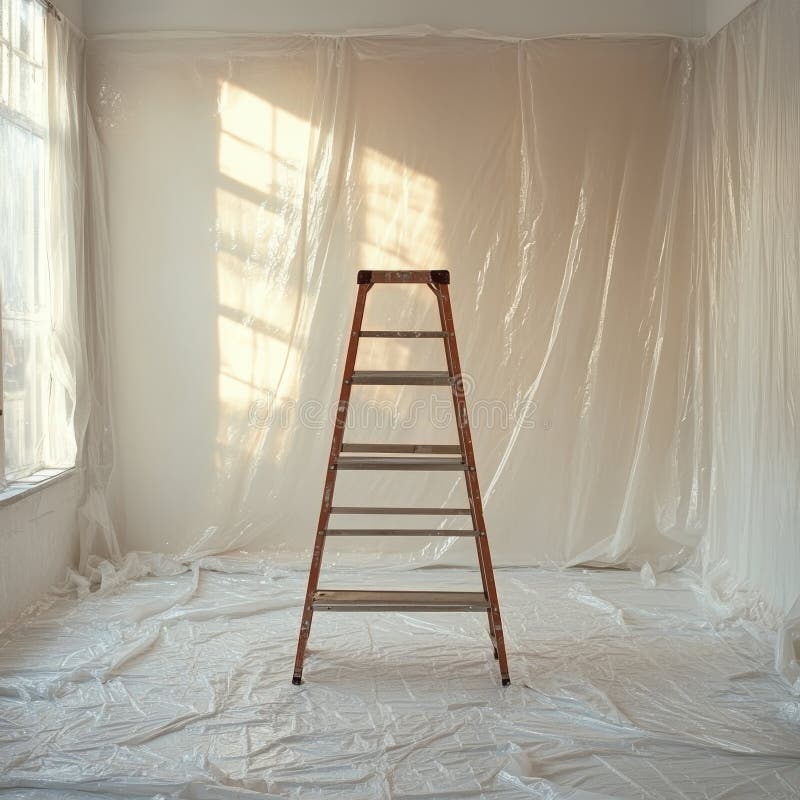 Ladder in a Room with Plastic-covered Walls Ready for Renovation. Stock ...