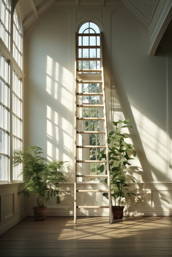 Ladder To the Window in the Classic Interior of the Room and Potted ...