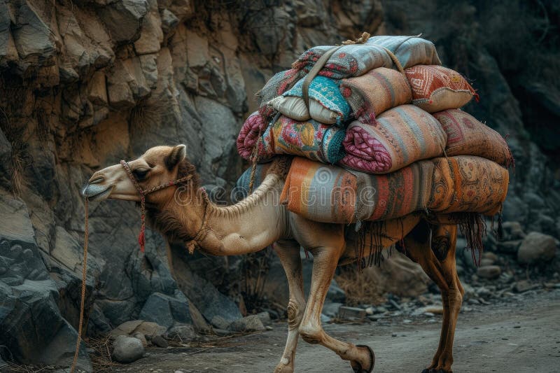 Laden camel on rocky path stock illustration. Illustration of landscape ...