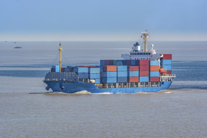 Laden Cargo Container Vessel Passes Along the Fairway of the Sea Stock ...