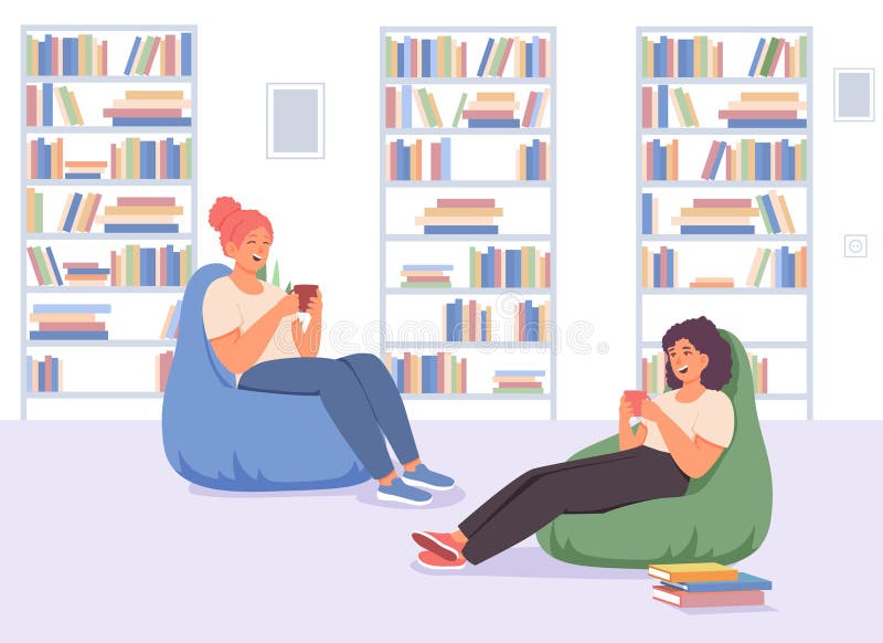 Ladies Sitting in Library, Holding Cup of Tea and Drinking Stock Vector ...