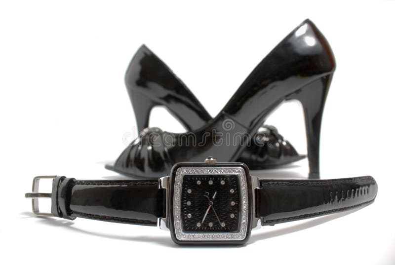 Ladies Watch and High Heels Shoes Stock Photo - Image of dress, black ...
