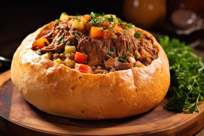 Ladling Beef Stew into a Bread Bowl Stock Illustration - Illustration ...