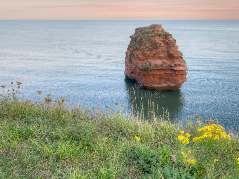 Ladram Bay with Red Sandstone Pillar, Seen from Clifftop. Devon, UK ...