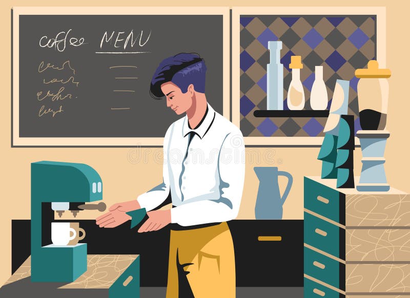 Lady in Apron Prepare Hot Chocolate in Coffee Machine. Modern Work for ...