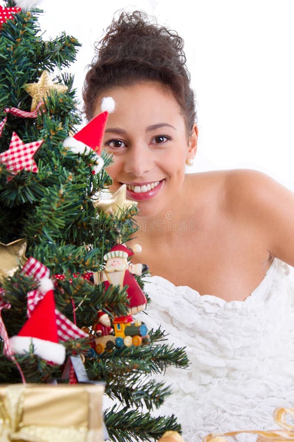 Lady behind christmas tree stock photo. Image of portrait - 35735202