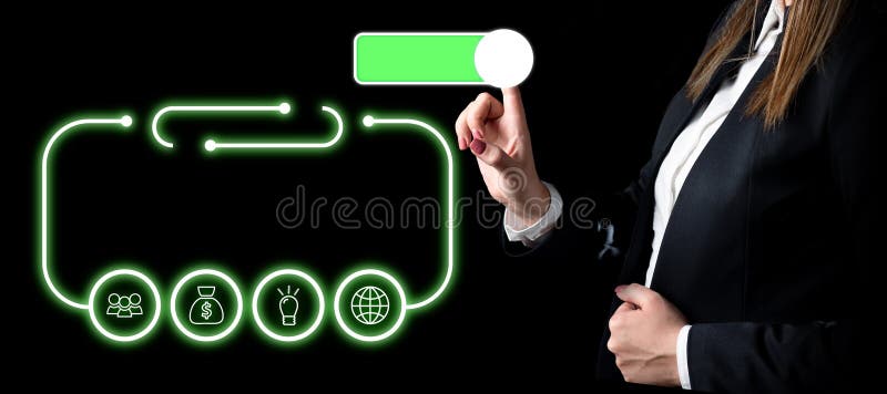 Lady in Black Office Suit Standing and Pressing Virtual Button with Her ...