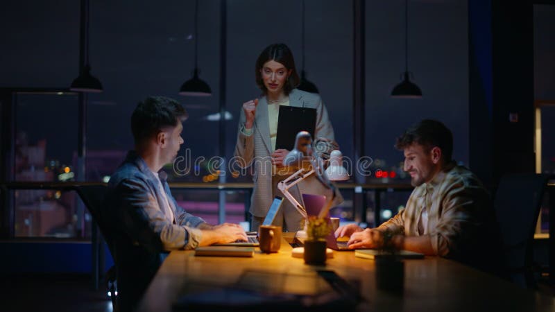 Lady Boss Supporting Team at Dark Panoramic Office. Late Colleagues ...