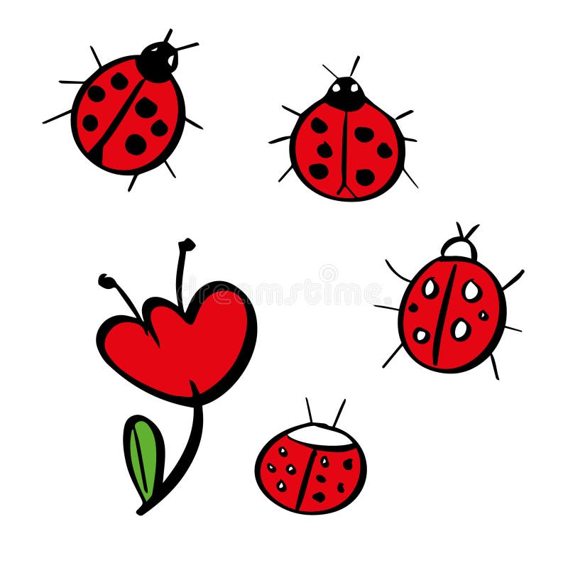 Lady Bug with Flowers Doodle Kid Drawing Set Stock Vector ...