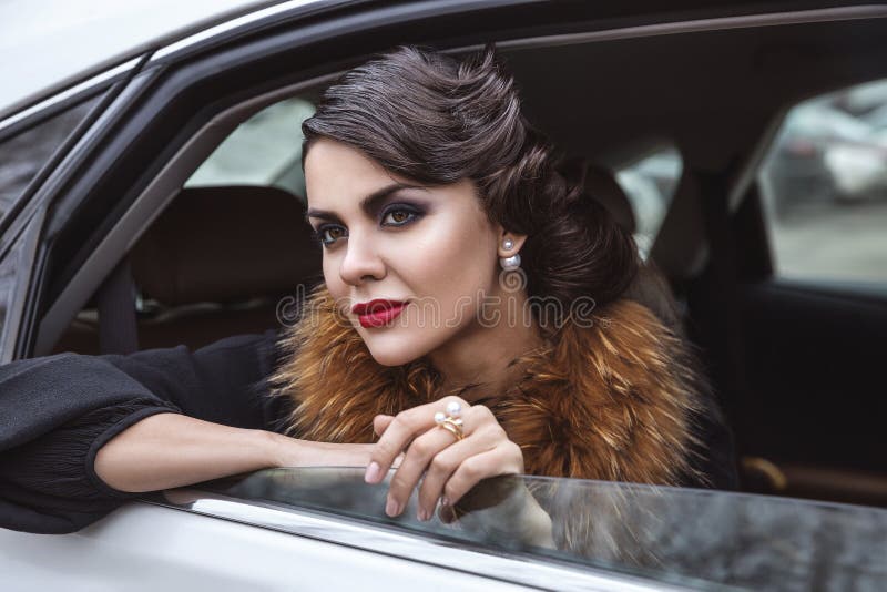 The Lady in Fur in the Car. Stock Photo - Image of look, business: 65449816