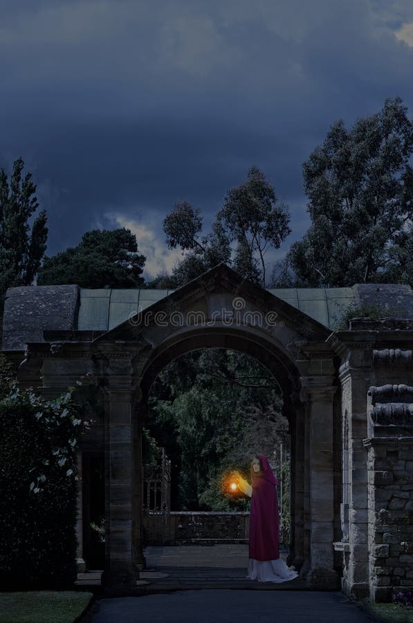 Woman with Lantern in Forest and Castle Stock Image - Image of cape ...