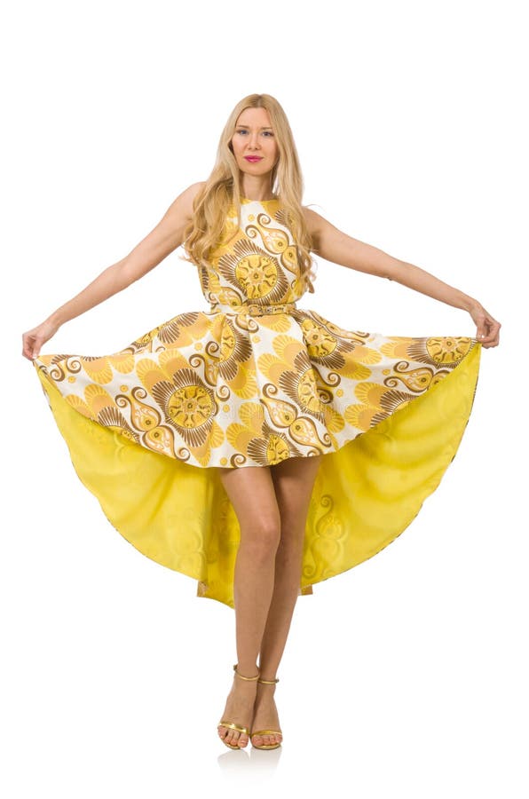 Lady in Charming Yellow Dress Isolated on White Stock Image - Image of ...