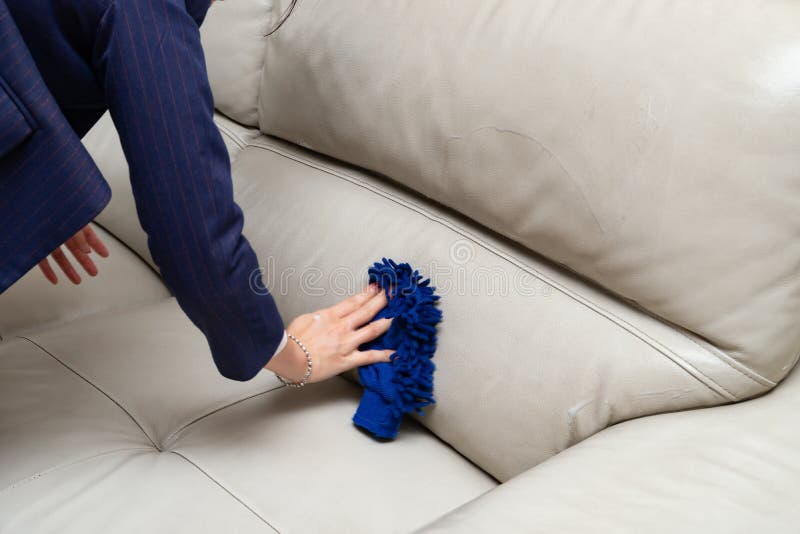 Lady Cleaning Leather Sofa with Sponge Stock Photo - Image of sanitize ...