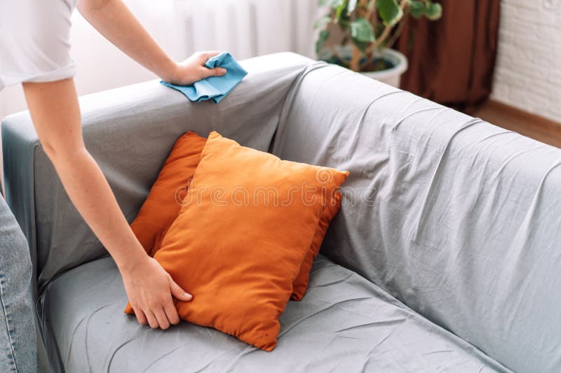 Lady Cleans the Sofa with a Blue Rag Stock Photo - Image of cleaning ...