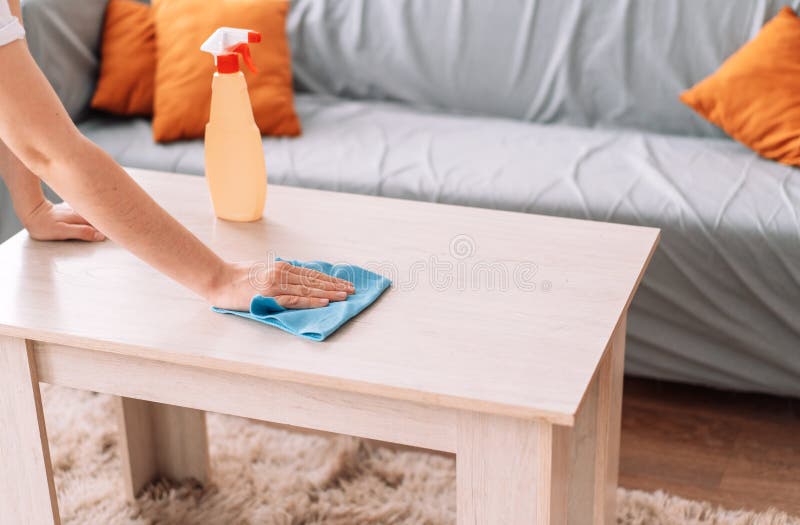 Lady Cleans the Table with Detergent with Blue Rag Stock Photo - Image ...