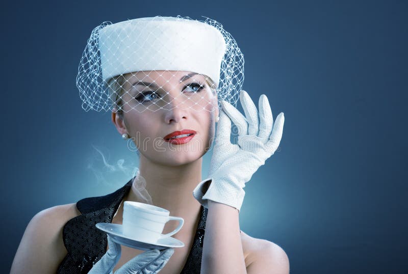 Beautiful Retro Lady Drinking Coffee Stock Image - Image of elegance ...