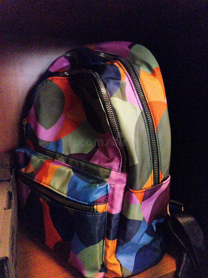 Lady colorful backpack stock photo. Image of indoors - 245709544