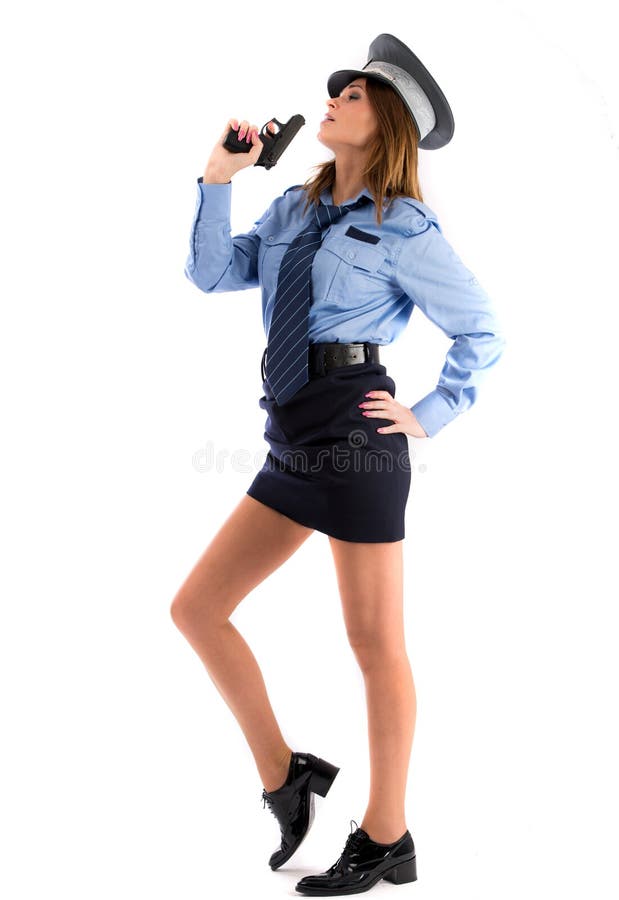 Lady Cop Posing with Gun on White Background Stock Photo - Image of ...