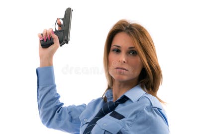 Lady Cop Posing with Gun on White Background Stock Photo - Image of ...