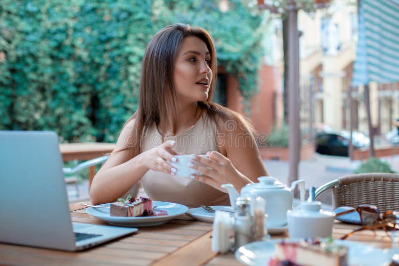 Beautiful Brunette Lady with Cup of Tea Stock Image - Image of modern ...