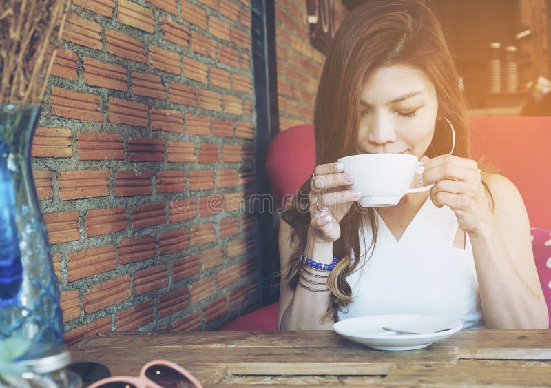Lady drinking coffee stock photo. Image of girl, happy - 86698260